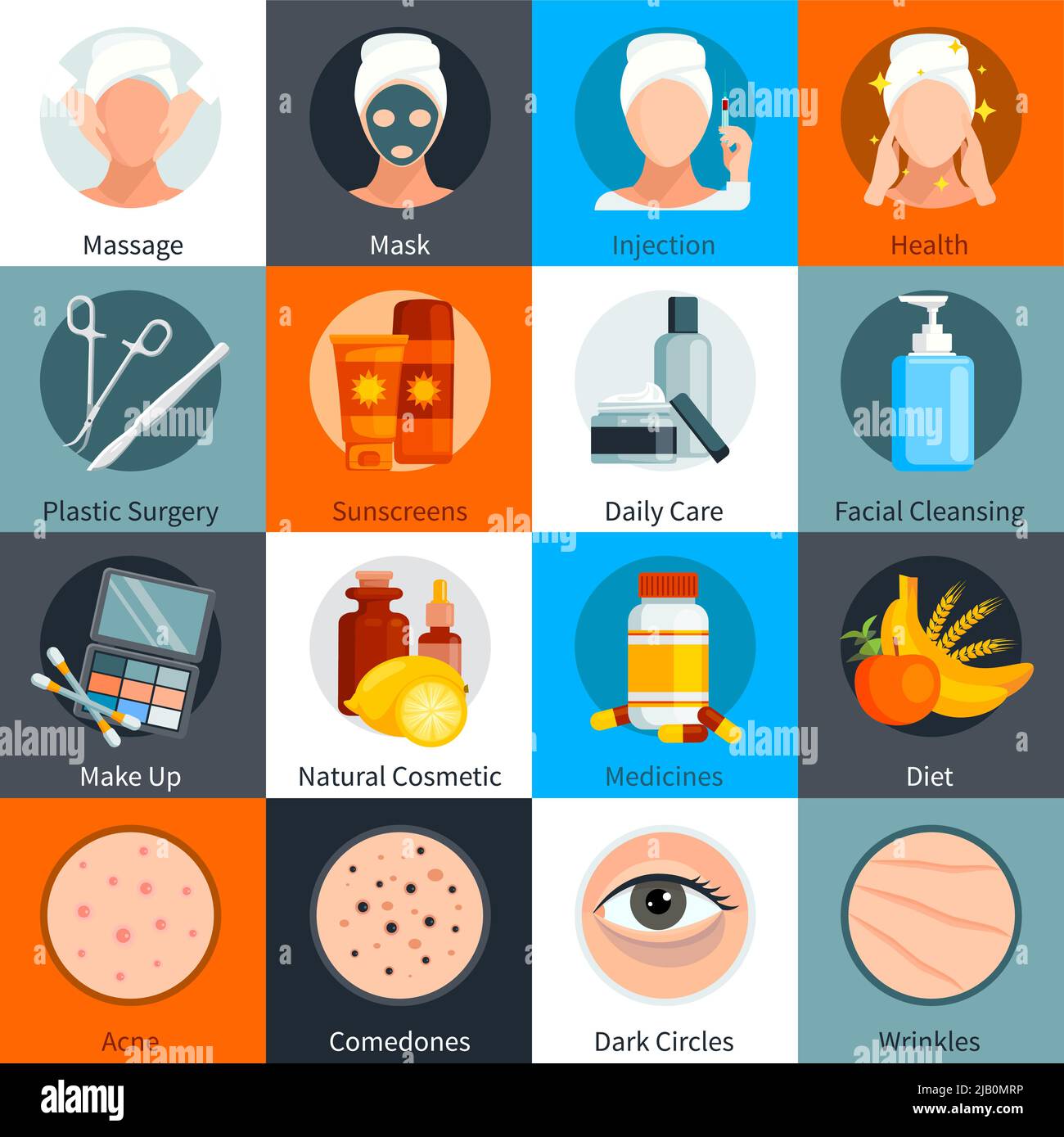 Skin care flat colored icons set of skin treatment elements natural and ...