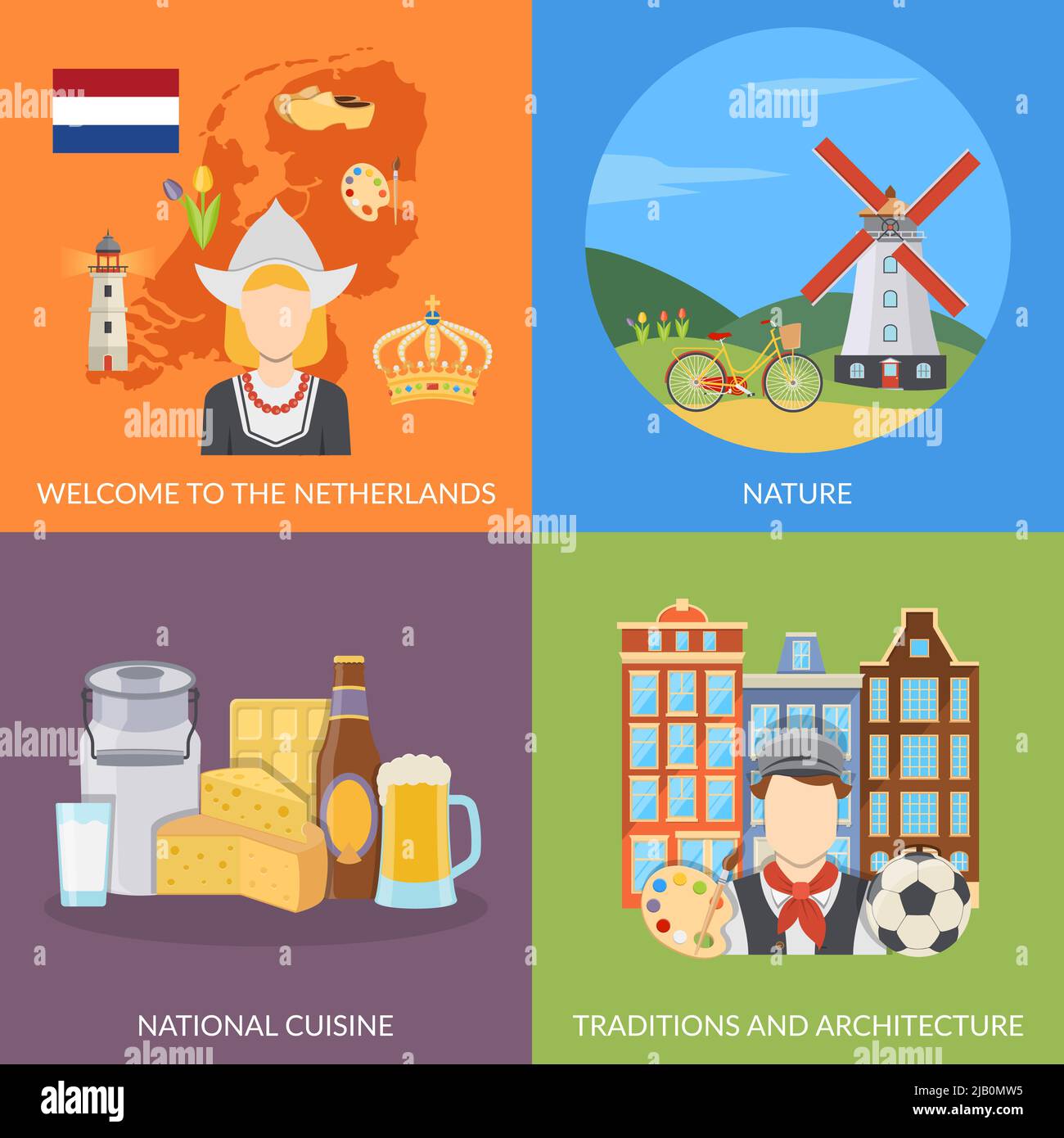 Colorful netherlands 2x2 flat icons set depicting dutch symbols nature ...