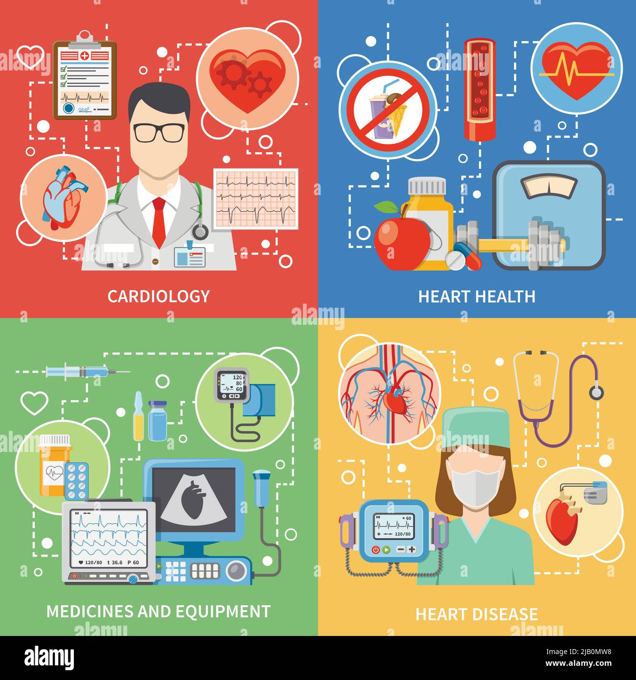 Colorful cardiology flat 2x2 icons set with cardiologists medicines and ...