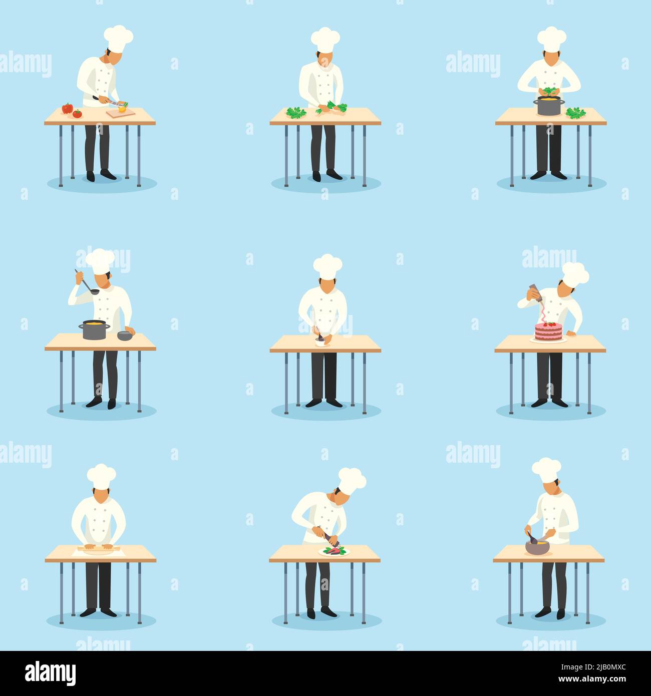Cook profession icons set on blue background flat isolated vector ...