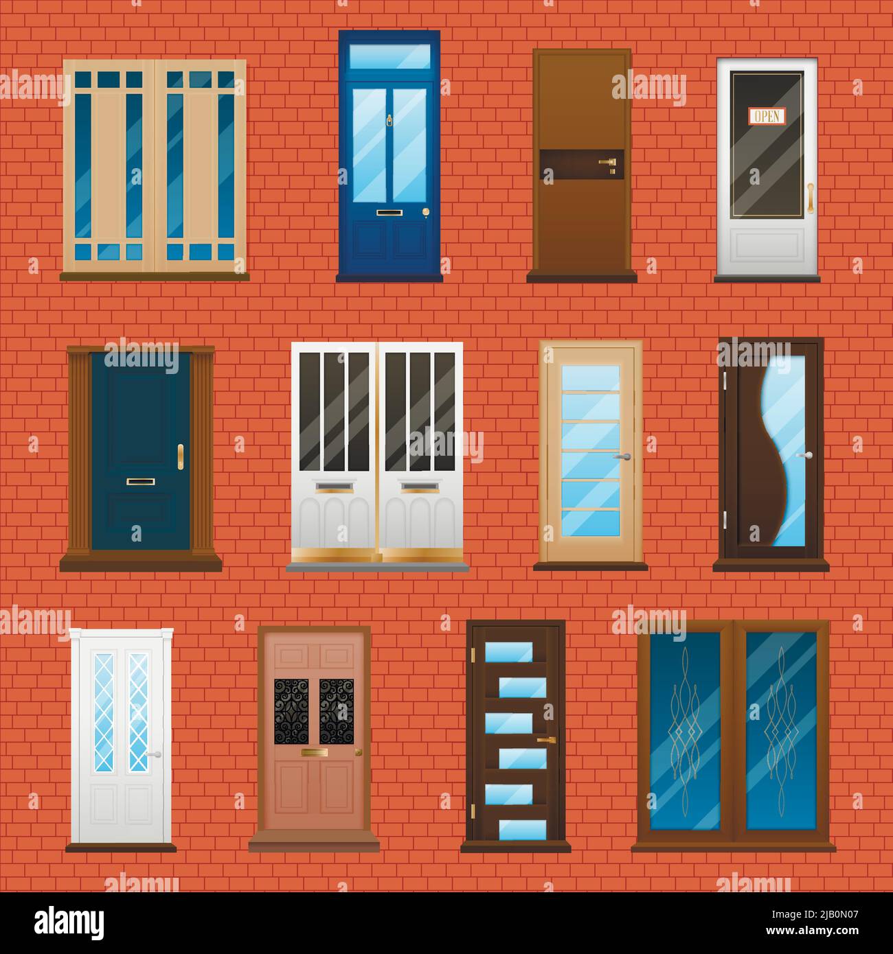 Various type and material closed double and single house doors set on ...