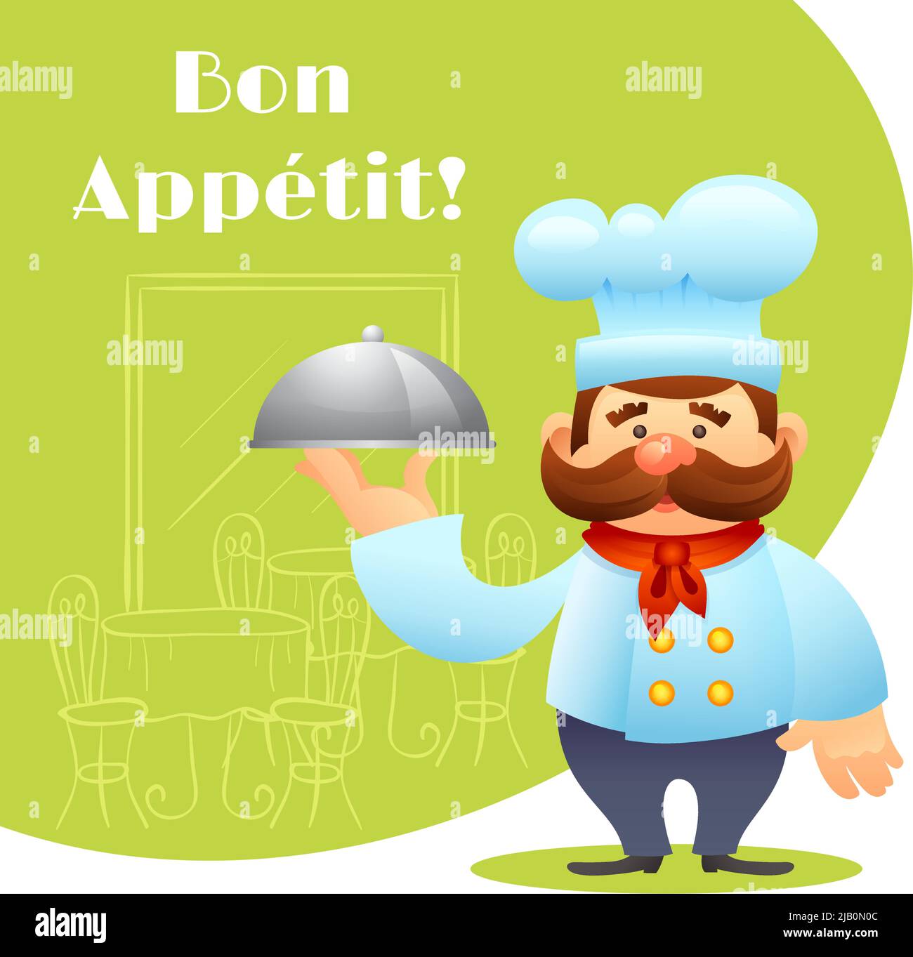 Chef cook holding food tray poster with restaurant interior on ...