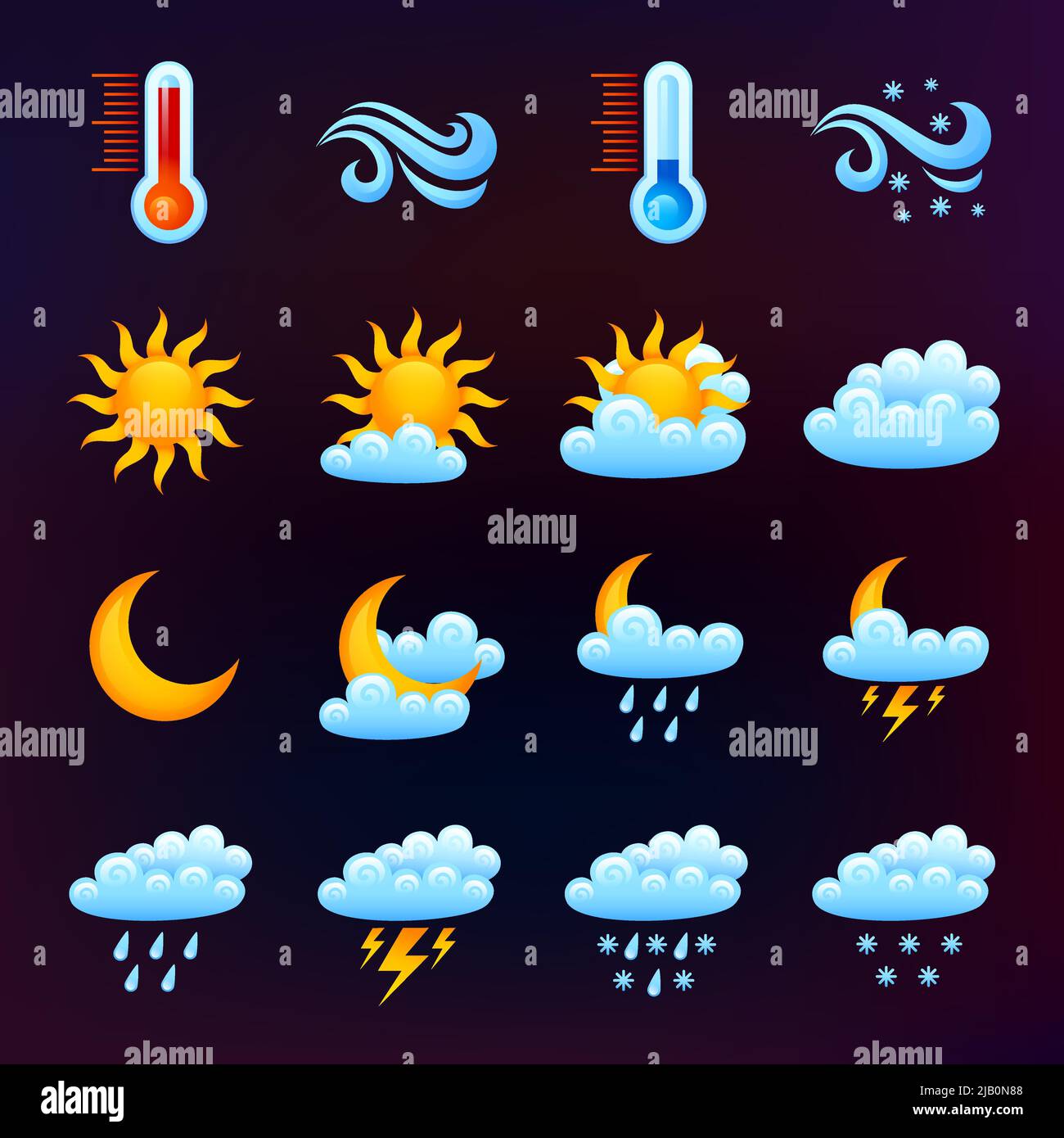 Weather Forecast Decorative Icons Set On Dark Background Isolated Vector Illustration Stock