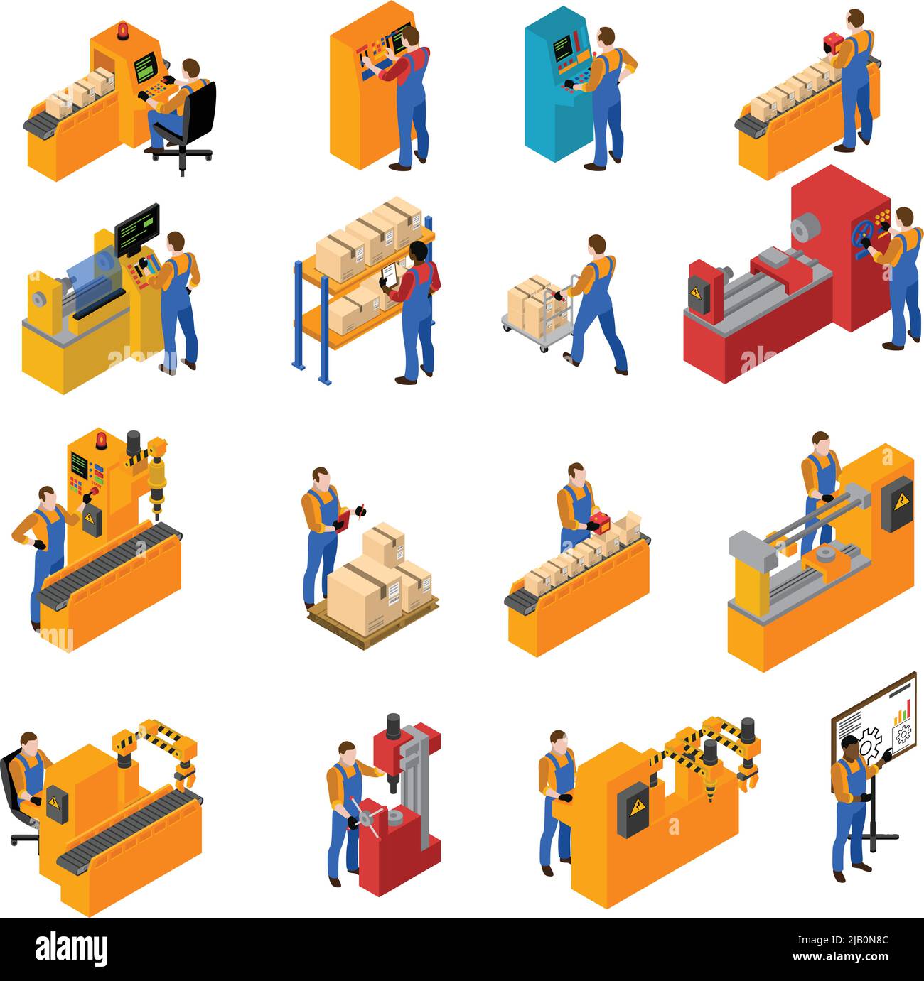 Factory workers isometric icons set with production symbols isolated ...