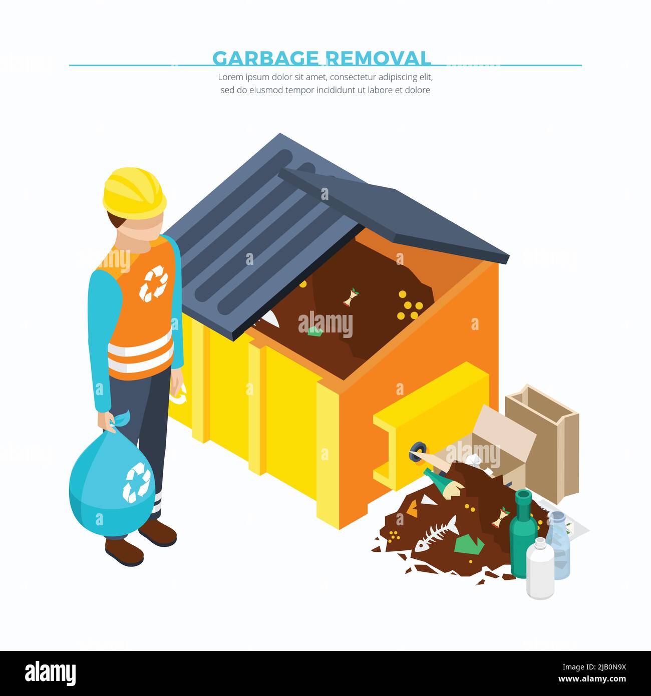 Garbage removal isometric poster with yellow waste container collector ...