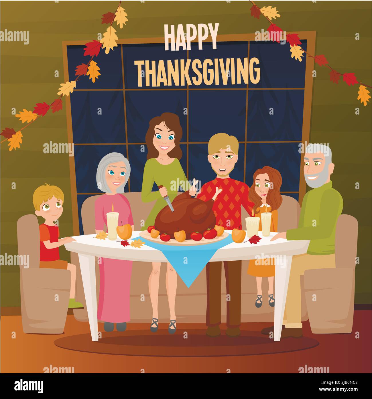 Big family at holiday dinner with turkey on table celebrating happy ...