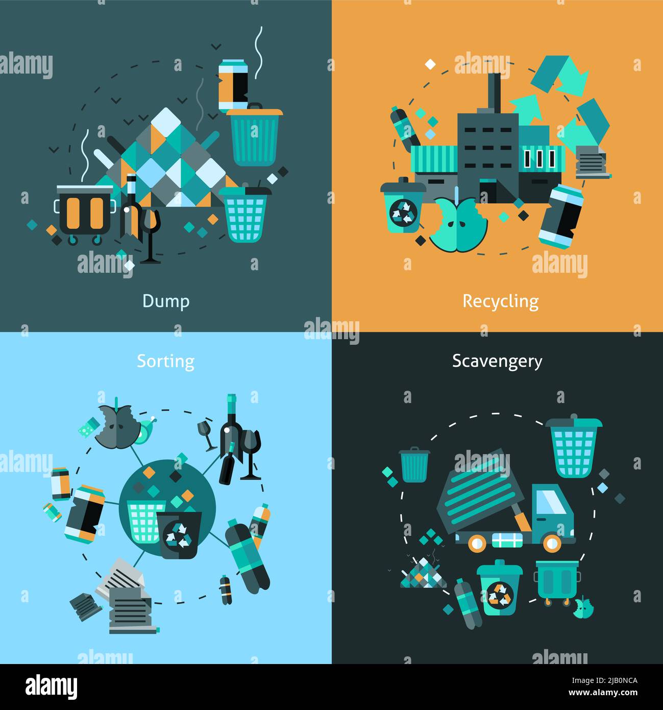 Garbage design concept set with dump recycling sorting scavengery flat ...