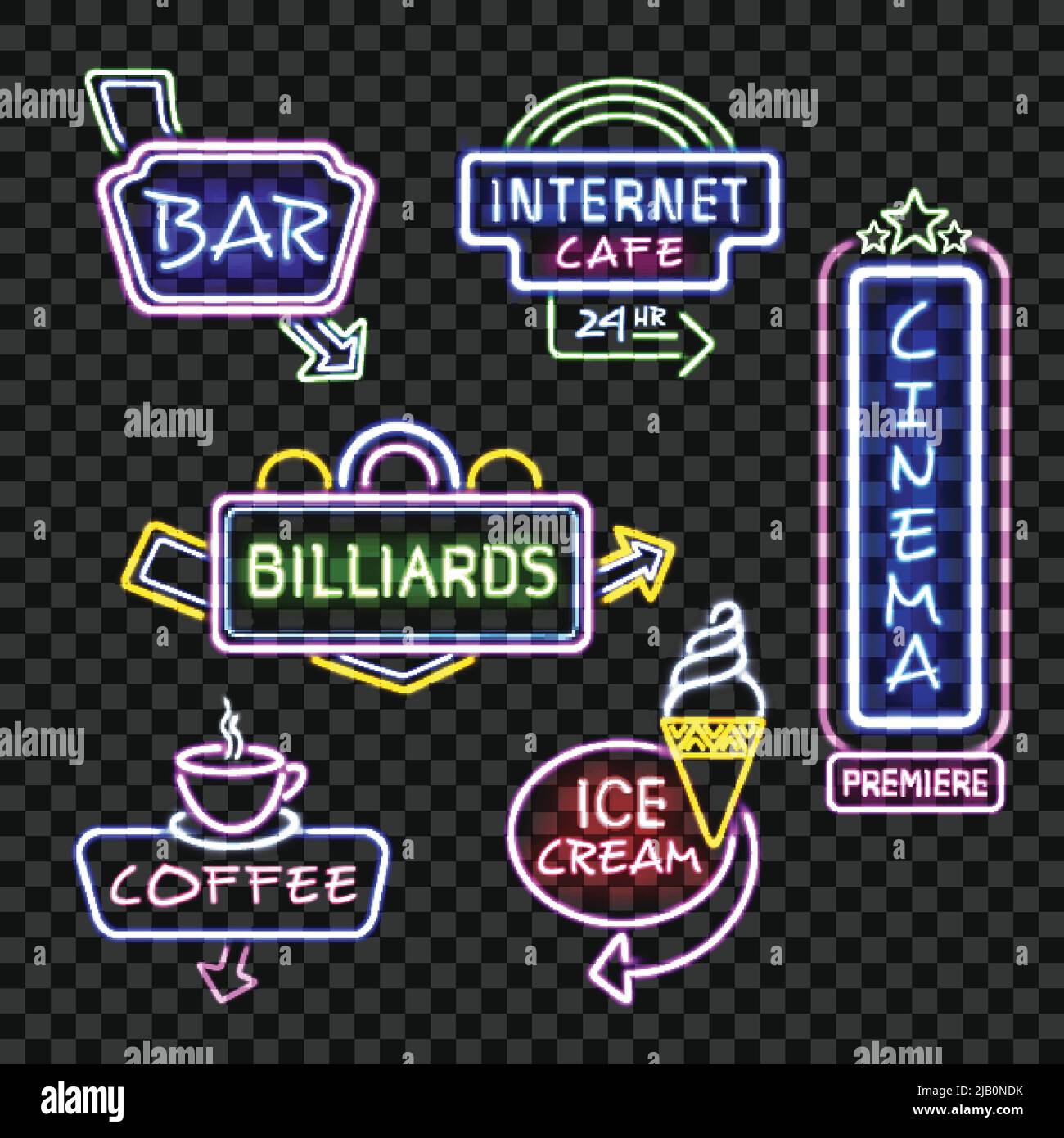 Neon internet cafe bar and cinema signboards at night realistic icons ...