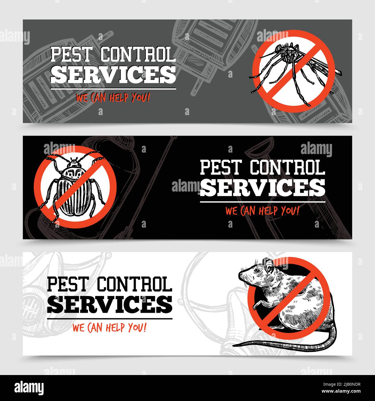 Pest control service horizontal sketch banners with insects and rodent ...