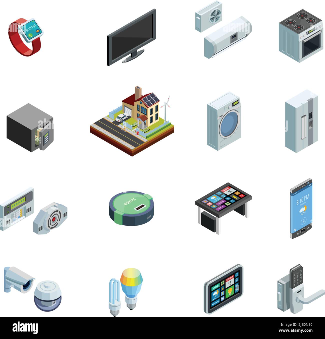 Smart home internet of things remote control system elements and appliances isometric icons ...