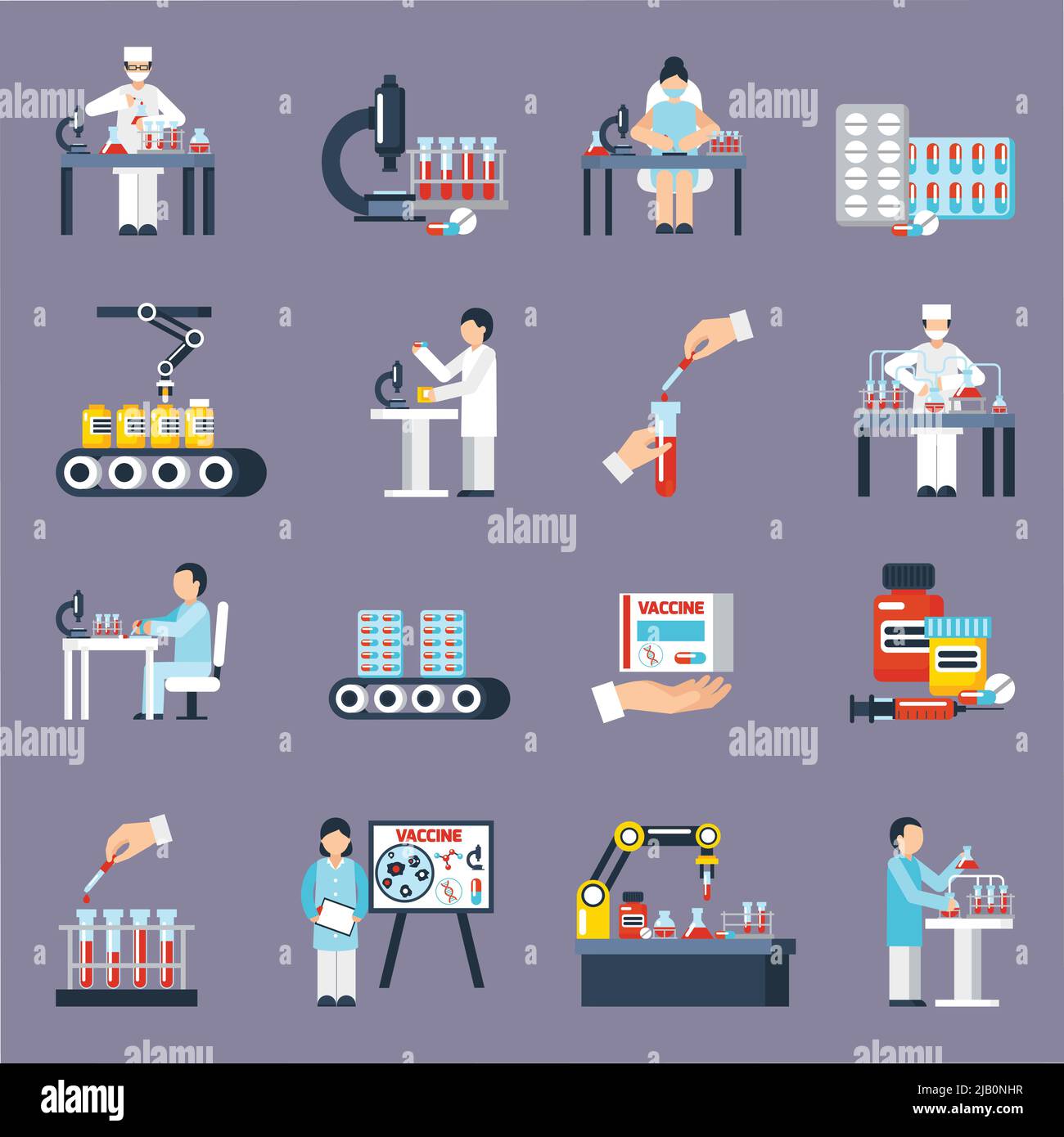 Pharmaceutical production icons set with research and science symbols ...
