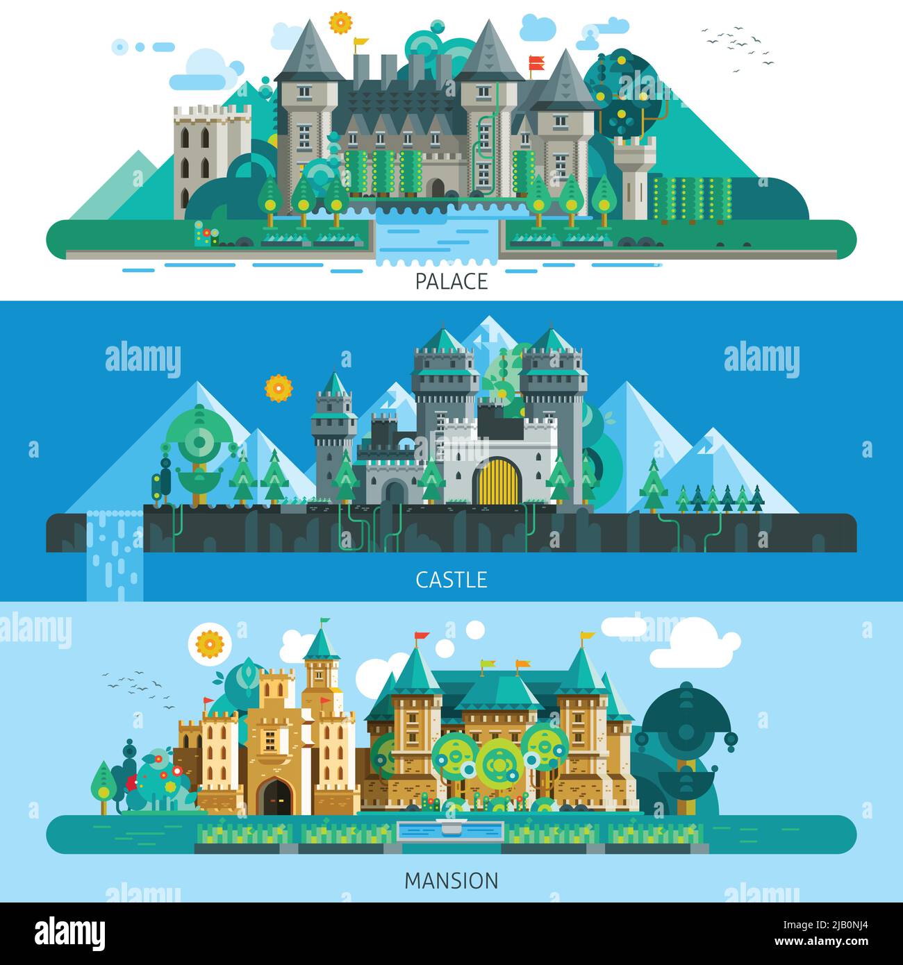 Antique castles horizontal banners with buildings of different ...