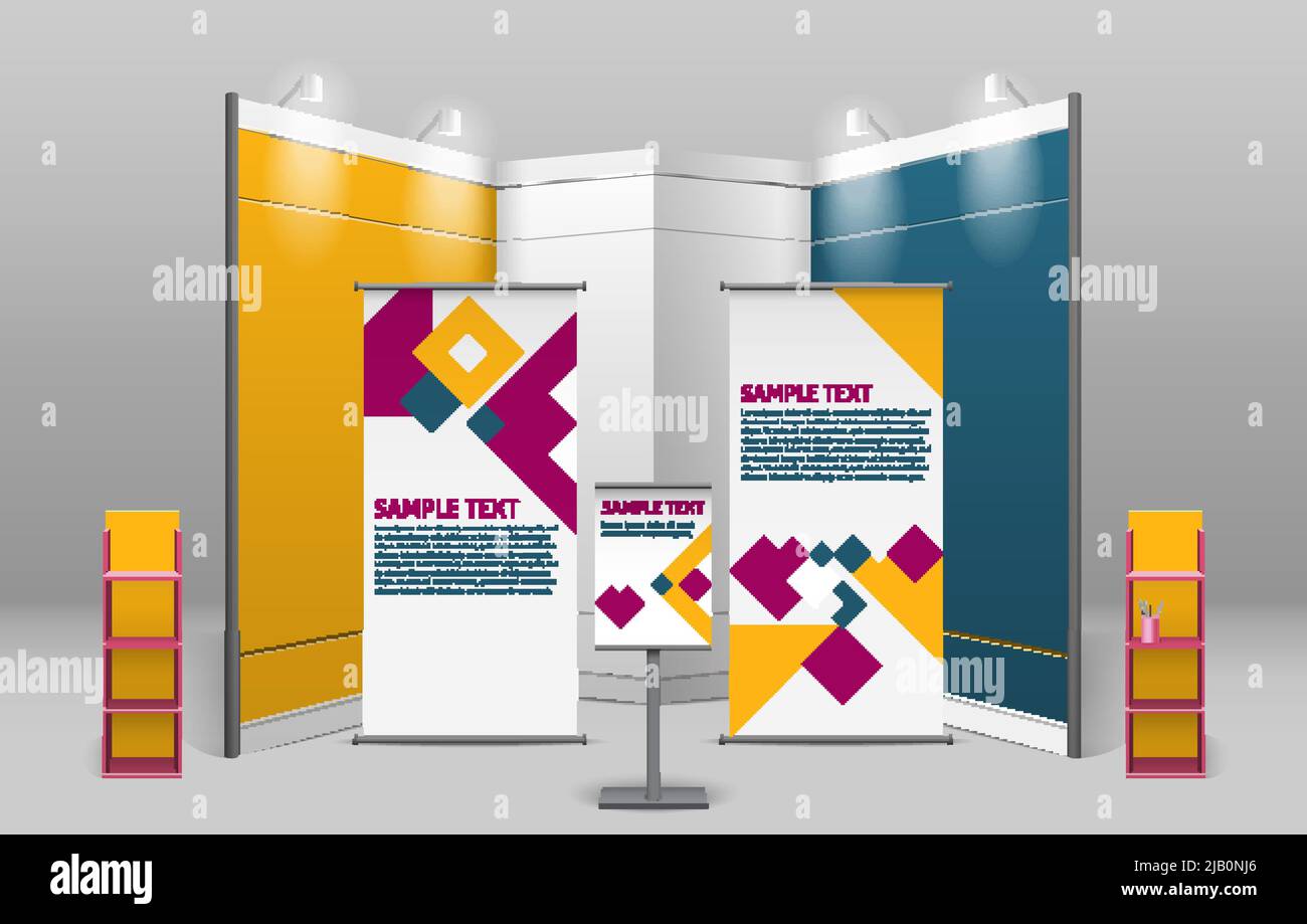 Advertising exhibition stand design with promotional elements in ...