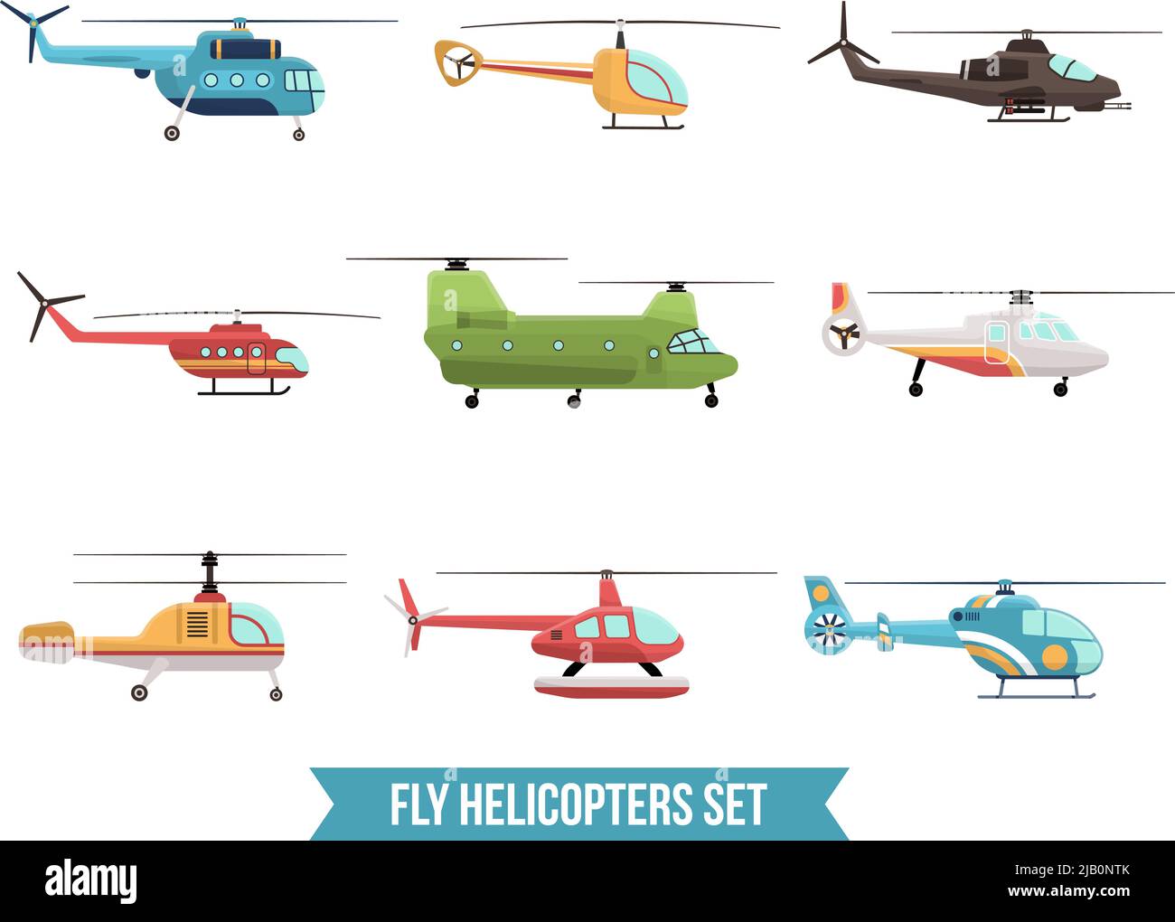 Flat set of different flying colorful helicopters isolated on white ...