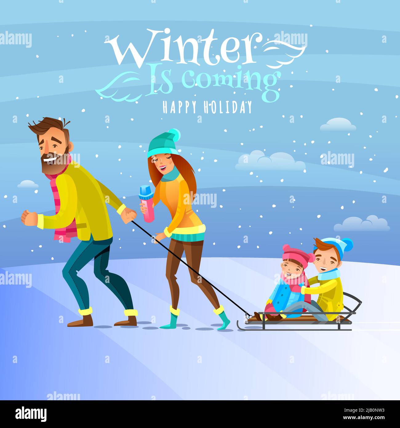 Happy family spending winter heason holidays outside and tobogganing ...