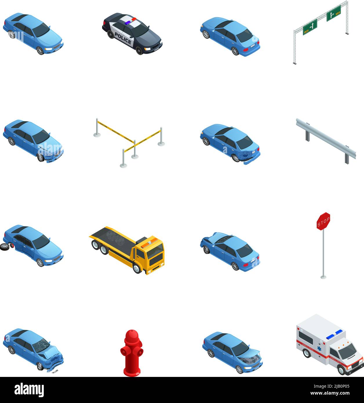 Colorful car accidents isometric icons set with evacuator police ...