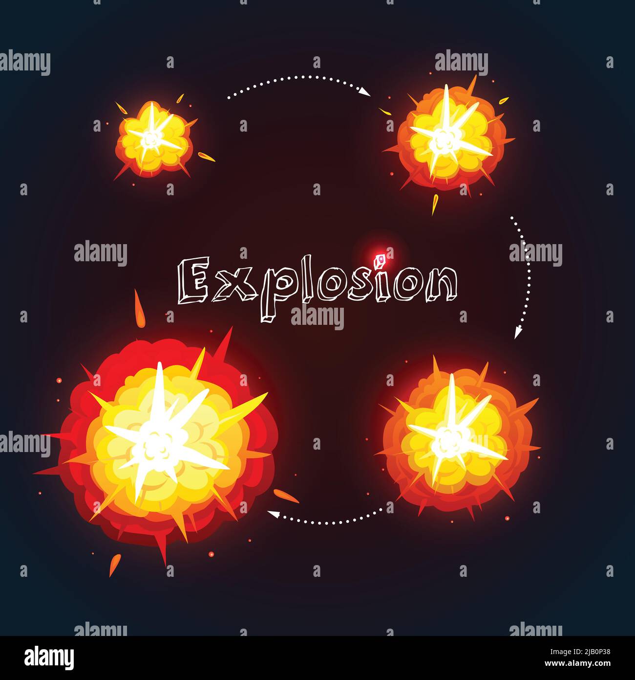 Explosion cartoon design set with process of explosion on dark ...