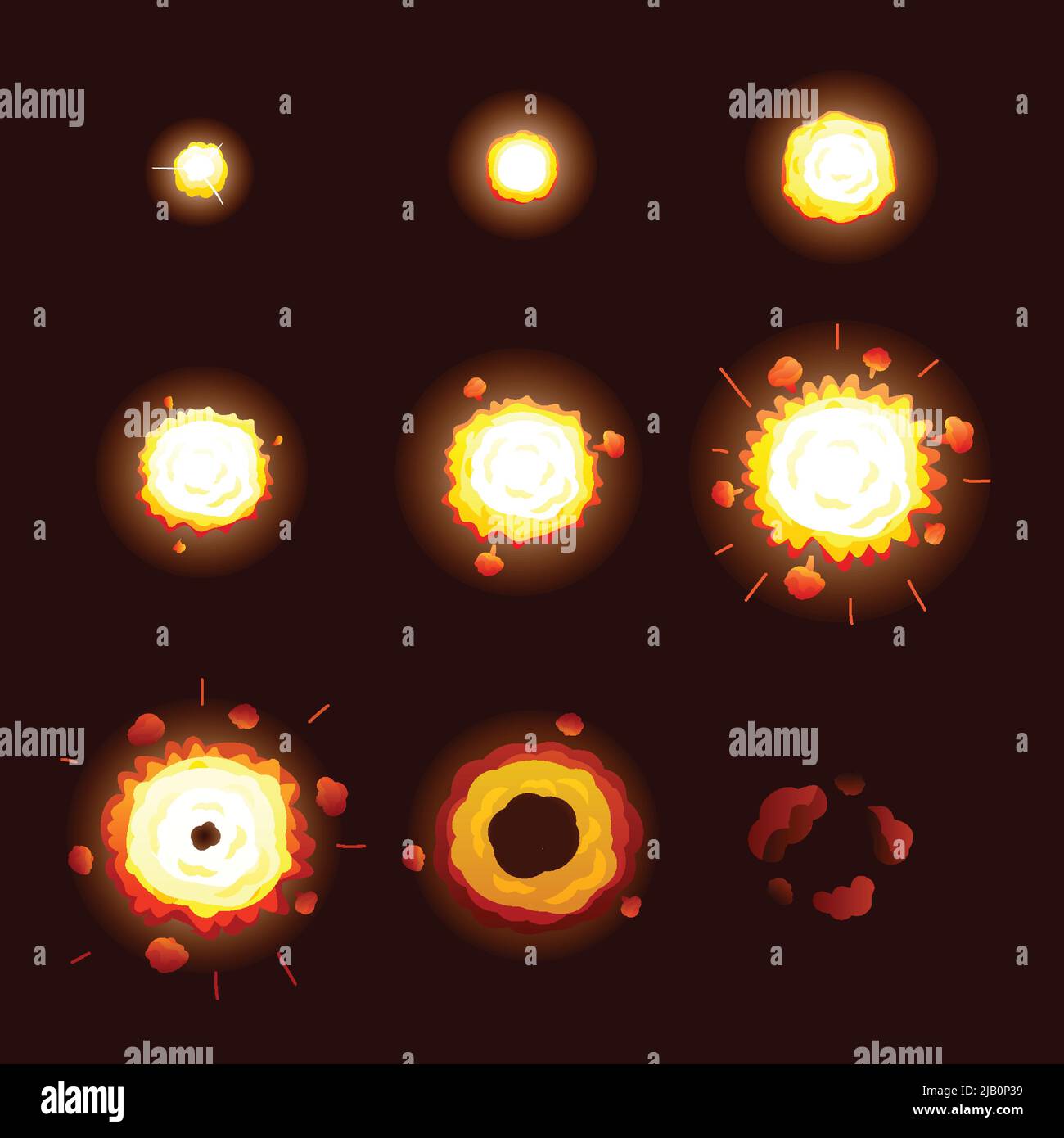 Explosion process set with explosion stages symbols cartoon vector ...