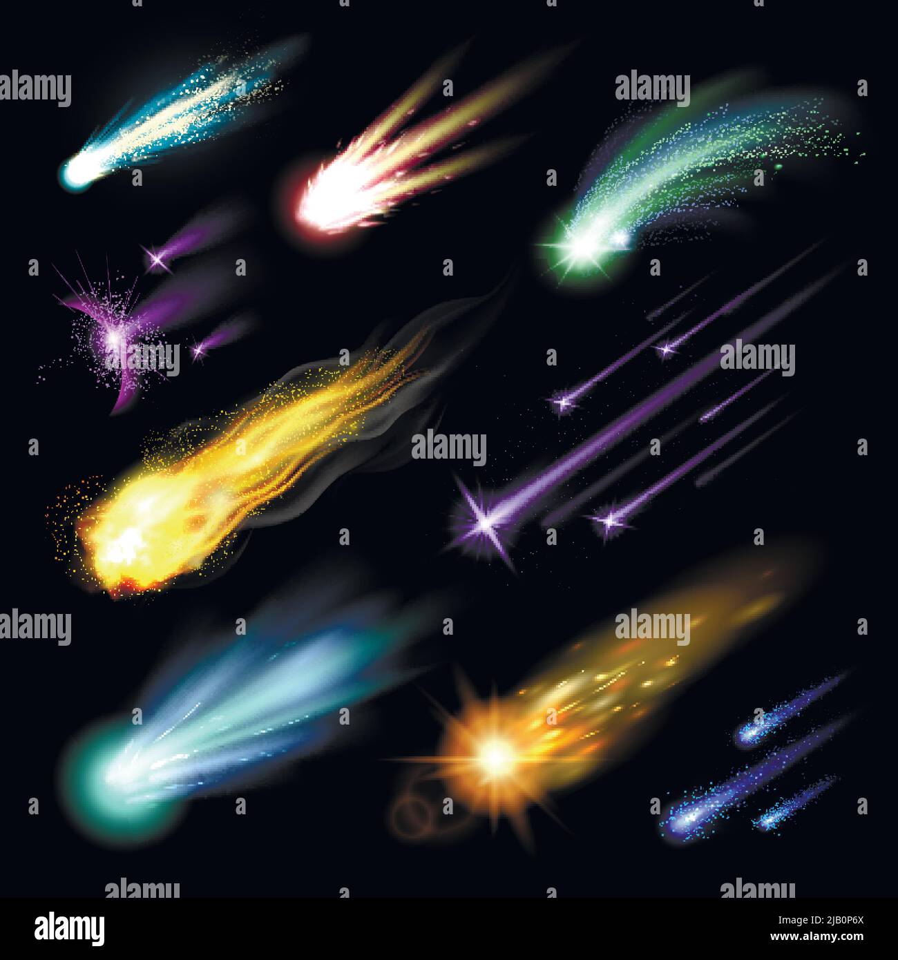 Light effects set with colorful meteors fireballs and comets isolated ...
