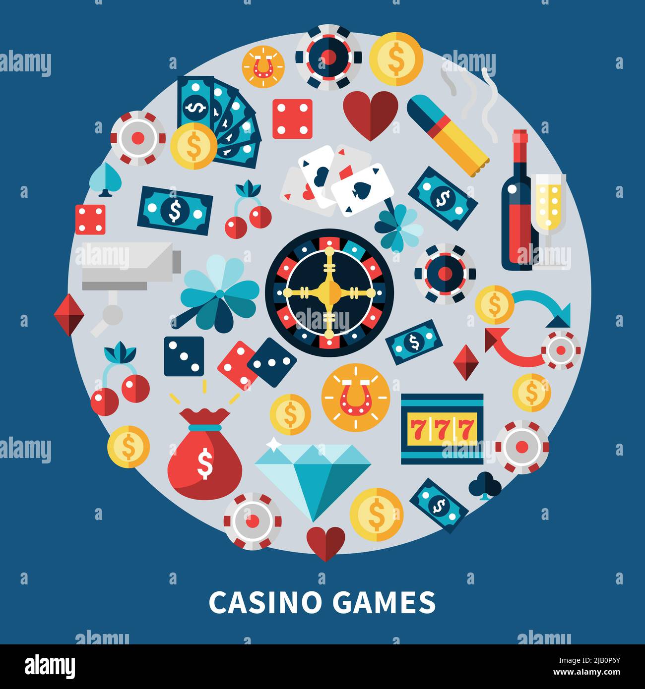 Casino icons round composition with chips cards coins dice cherry ...