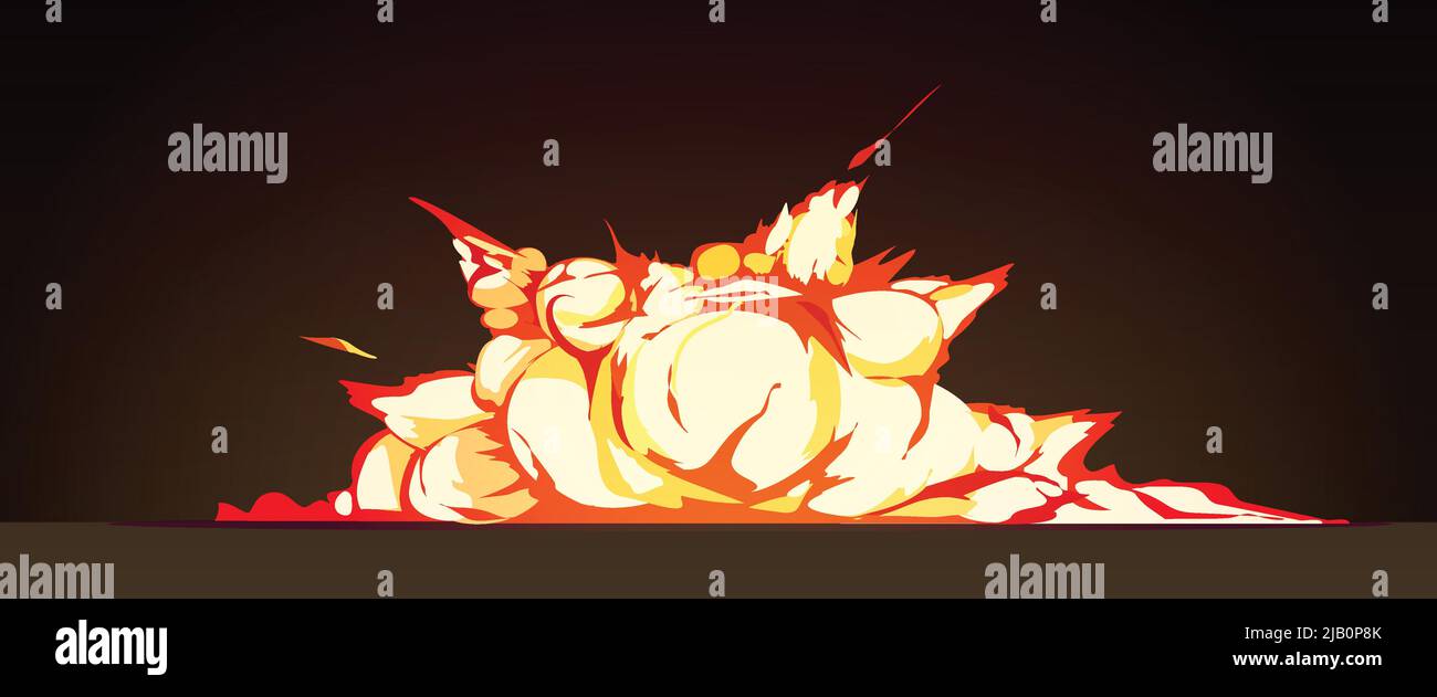 Cluster explosion at night retro cartoon poster with bright flame ...