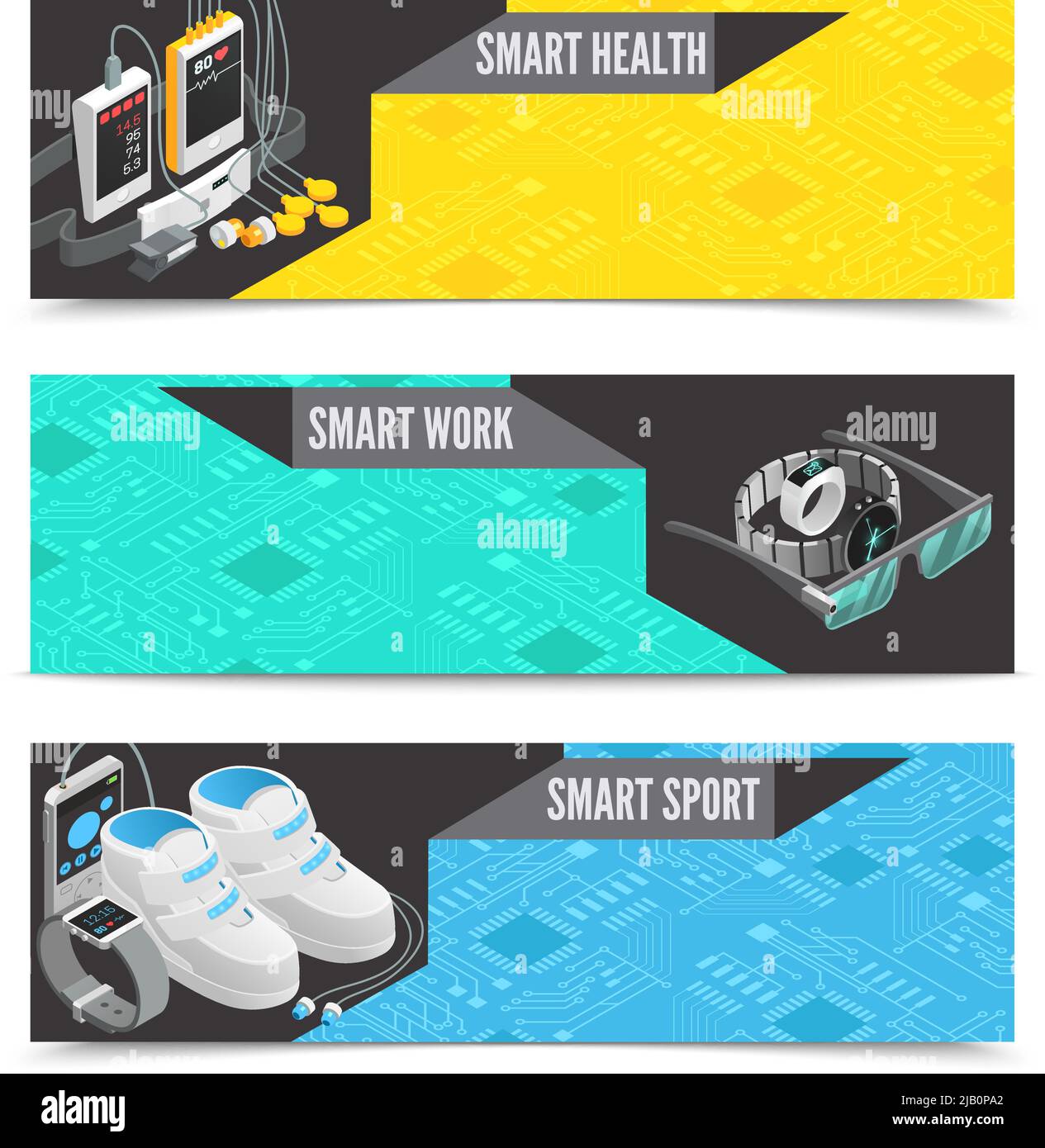 Wearable technology horizontal banners with smart isometric gadgets ...