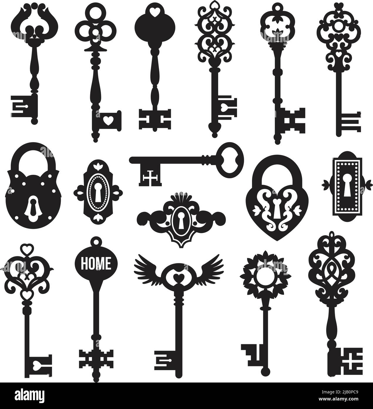 Black keys and locks set on white background in vintage style isolated ...