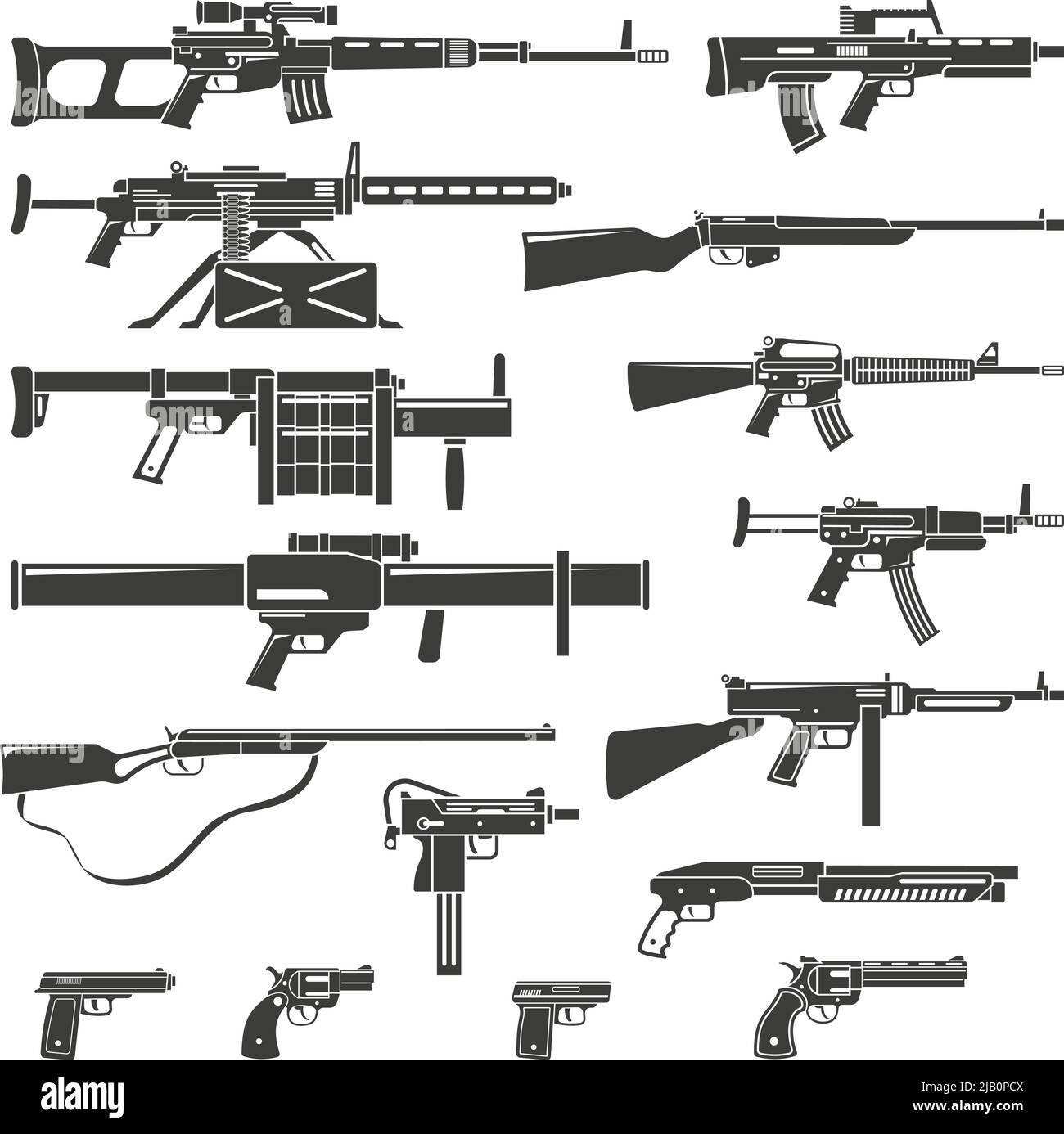 Flat design weapons guns rifles and pistols monochrome set isolated ...