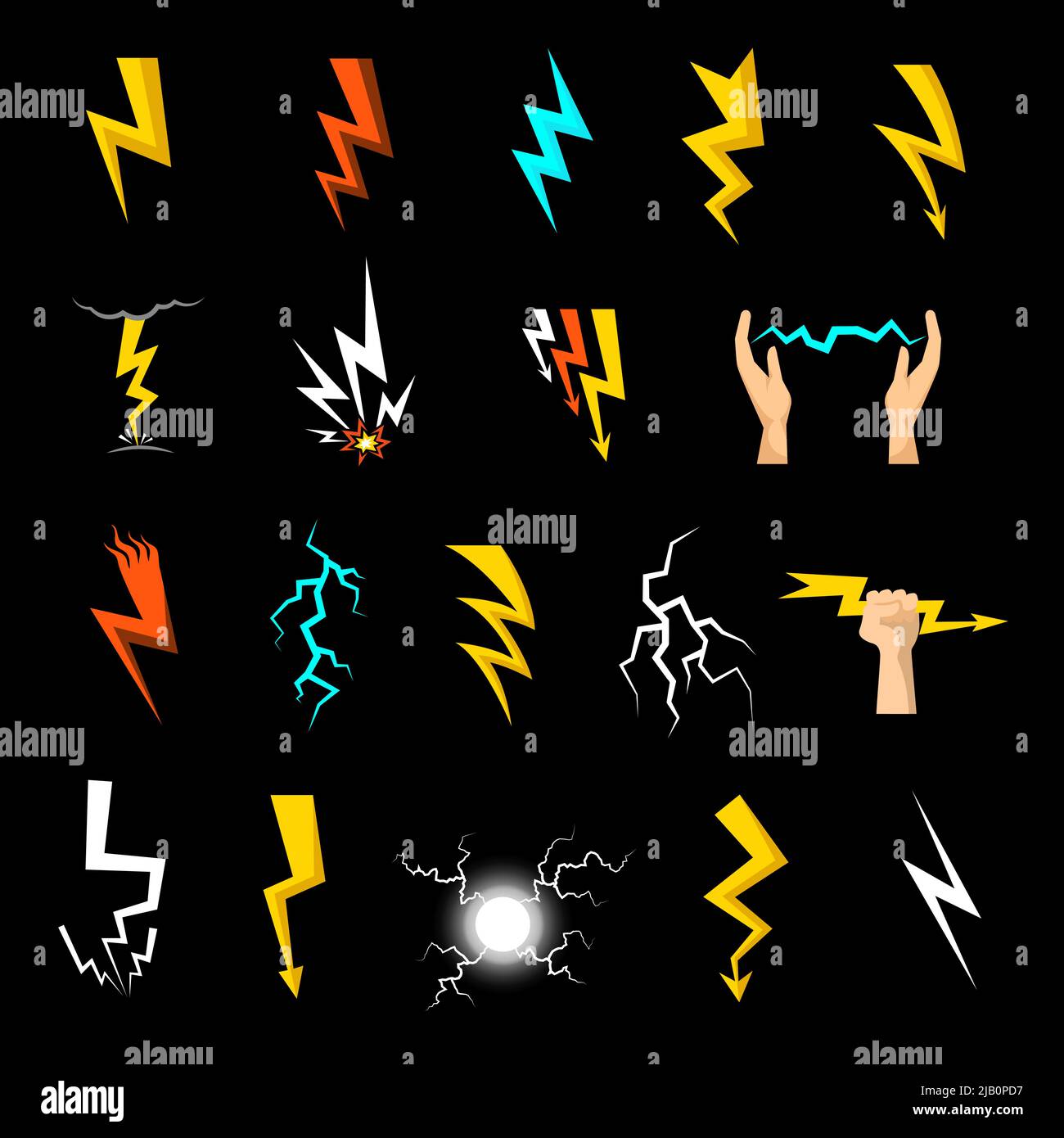 Colorful lightnings of different shape flat icons set isolated on black ...