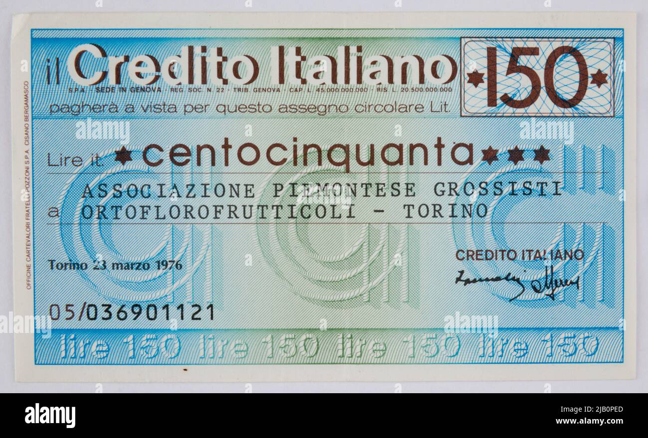 Banking (Circular check) at 150 lire, Credito Italiano, Italy, Turin ...