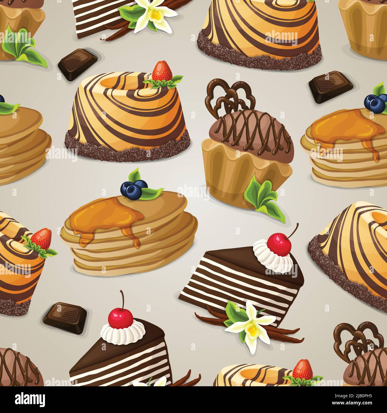 Decorative sweets dessert food seamless pattern with chocolate muffin ...