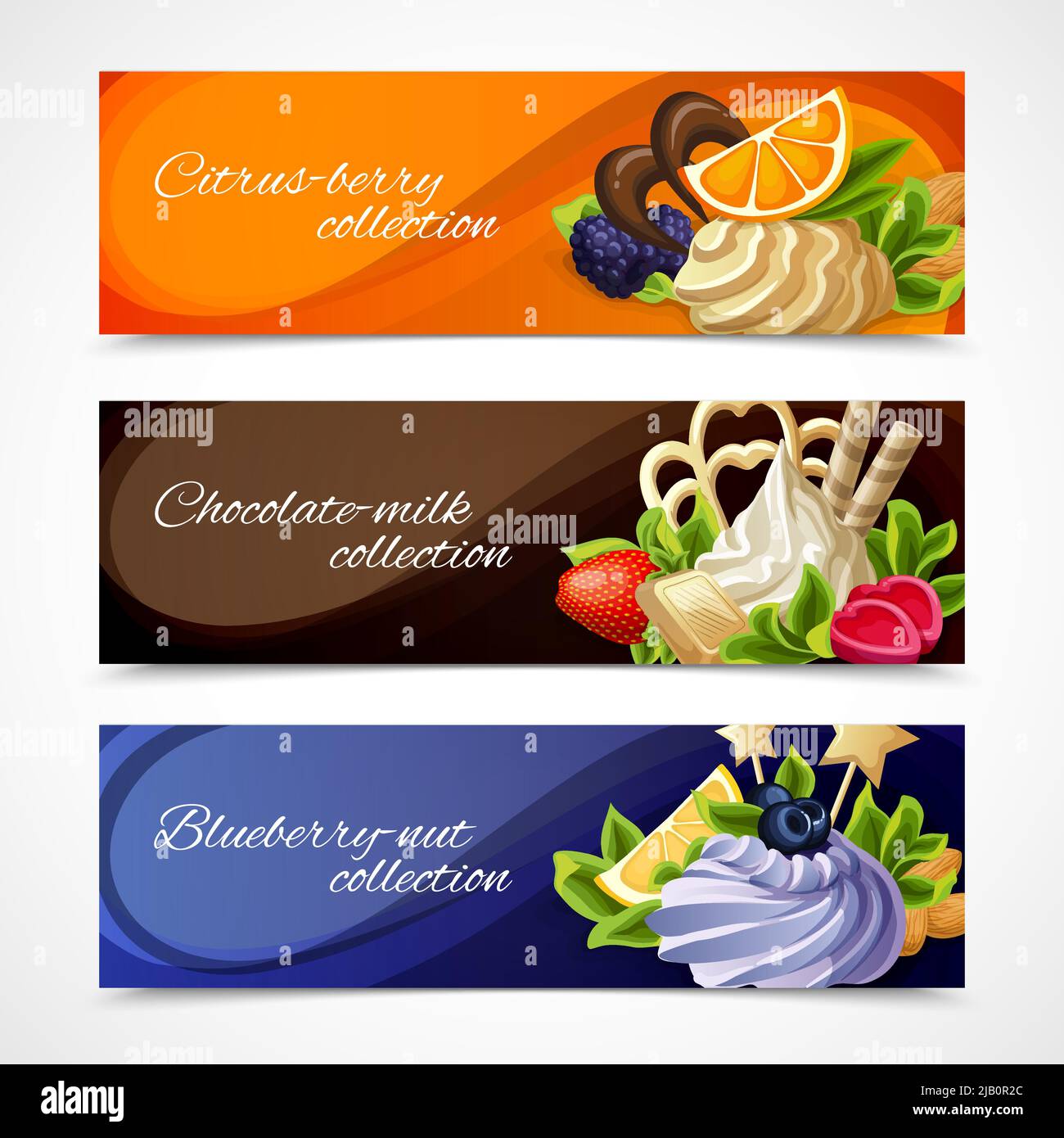 Decorative sweet desserts horizontal banners citrus berry chocolate ...