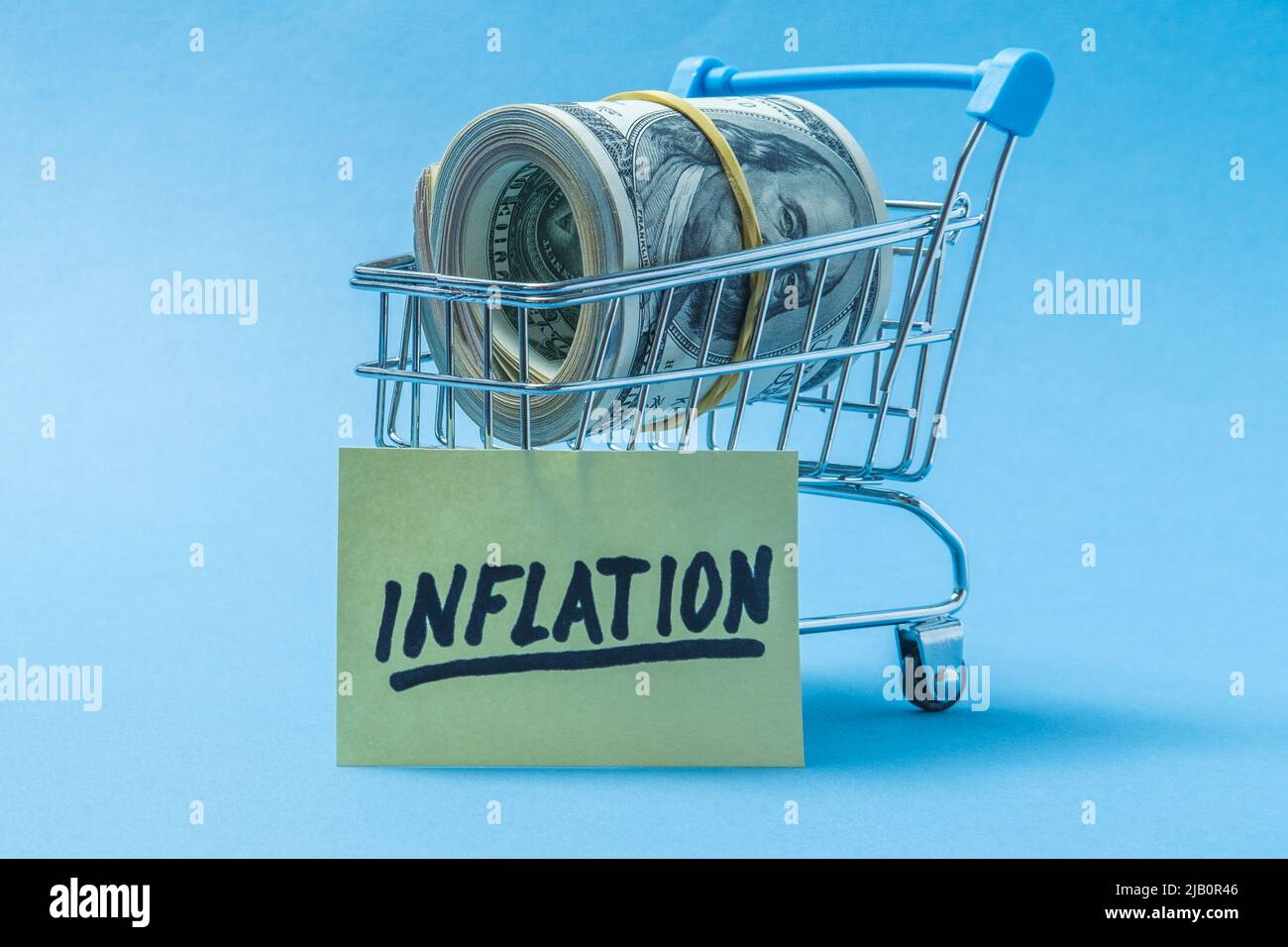 Dollars are in a grocery basket, with a poster on which the inscription ...