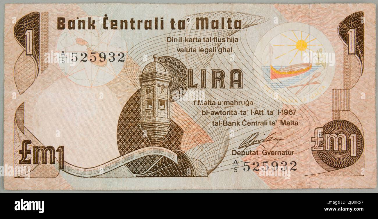 Banknot Na 1 Lira; Malta, l.1967 (1979) Thomas de la Rue & Co LD London ...
