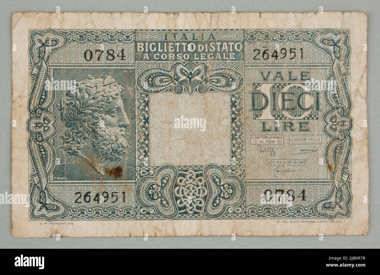 10 Lire banknote; Italy, November 23, 1944 State Officina Carte Valori ...