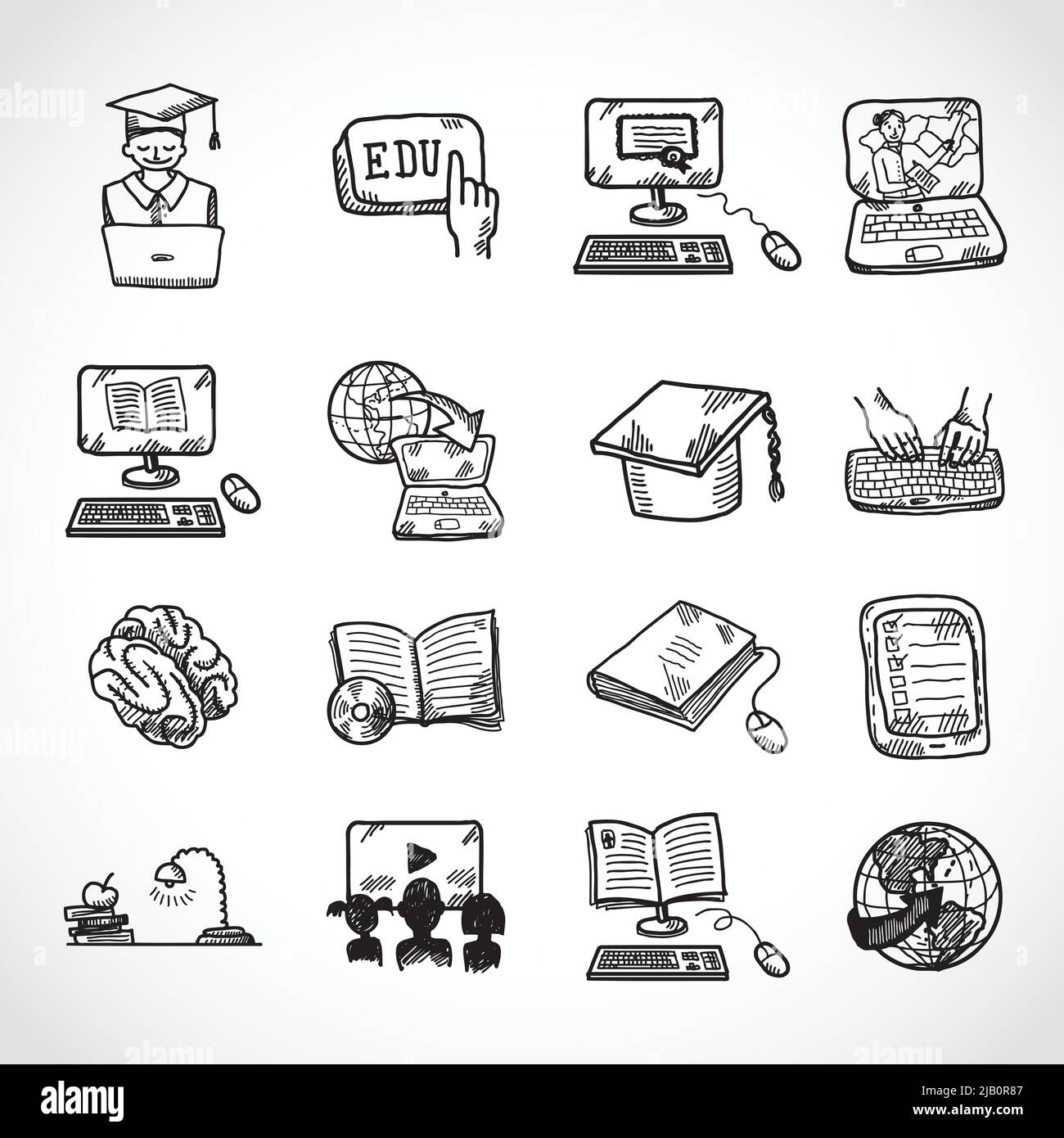 Online education learning knowledge and experience icons sketch set ...