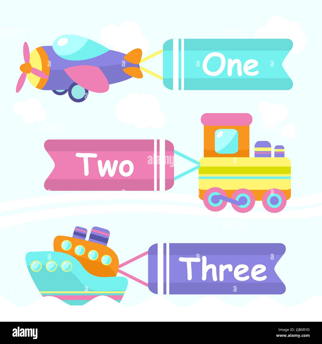 Toy transport cartoon decorative banners set with train boat plane ...