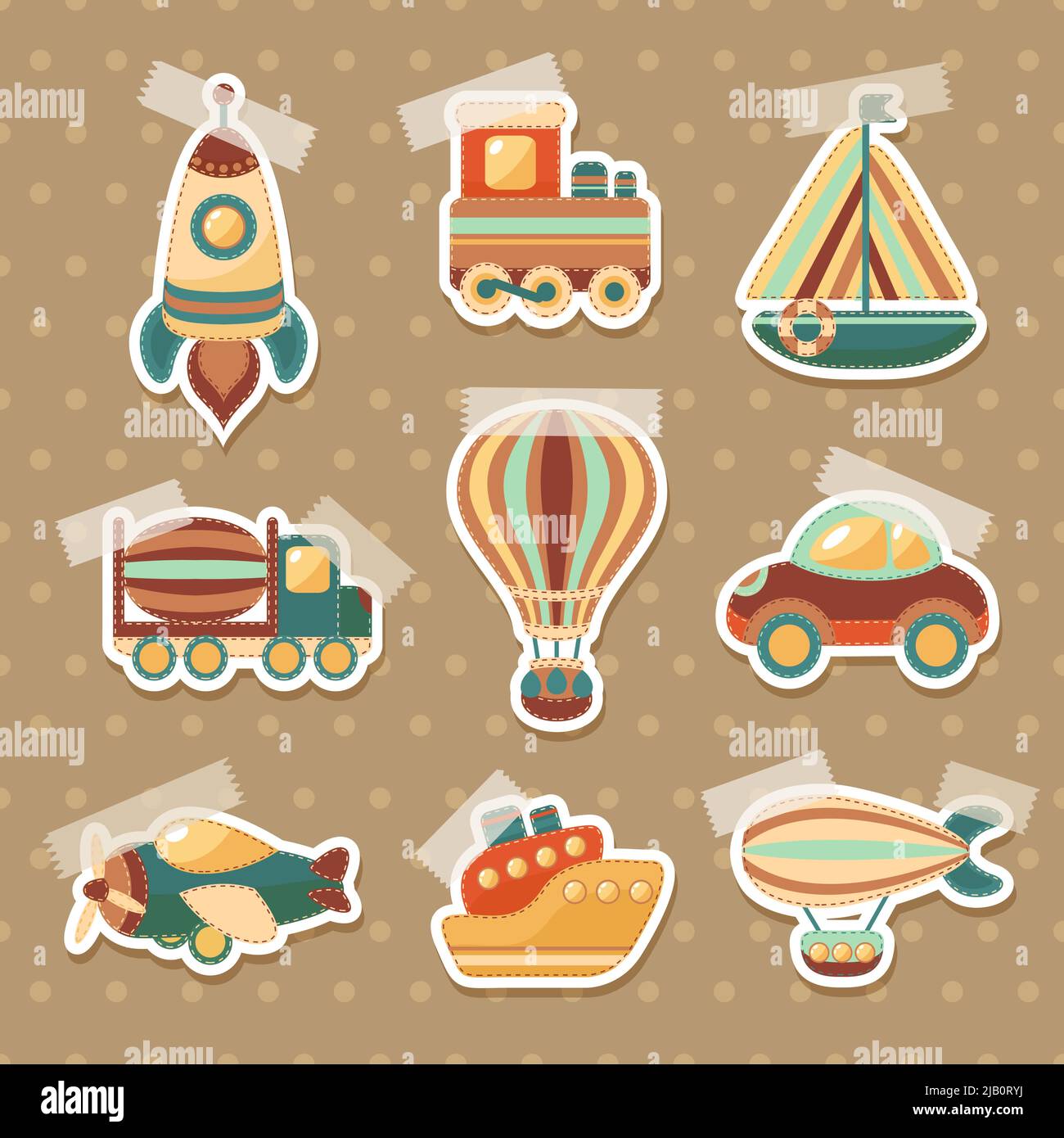 Toy transport colored cartoon stickers set with truck aerostat car ...