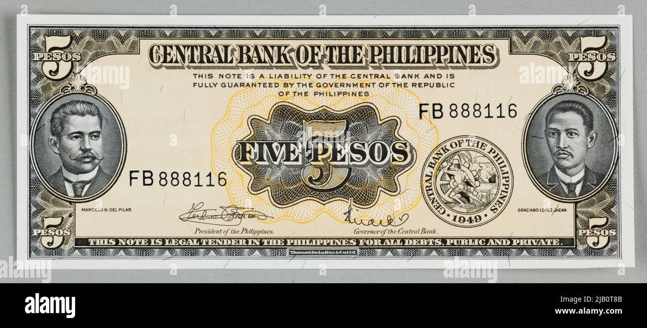 Banknote for 5 pesos; Philippines, B.R. (1949 1966). Thomas de la Rue ...