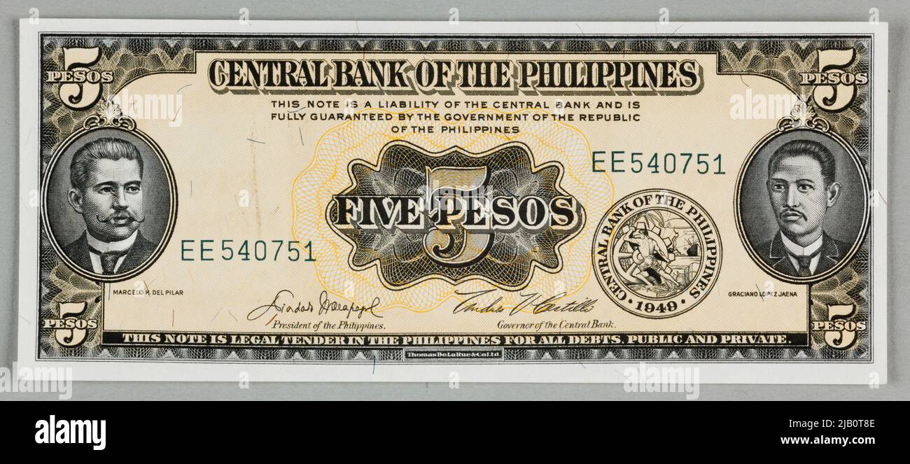 Banknote for 5 pesos; Philippines, B.R. (1949 66). Thomas de la Rue ...