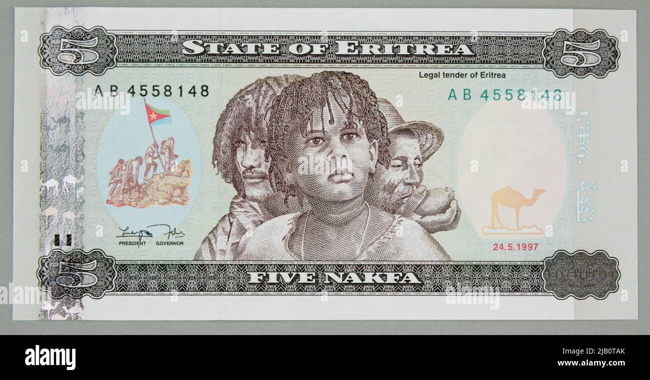 Banknot Na 5 Nakfa; Erytrea, 24.05.1997 r. Giescate & Devrient, Weather ...
