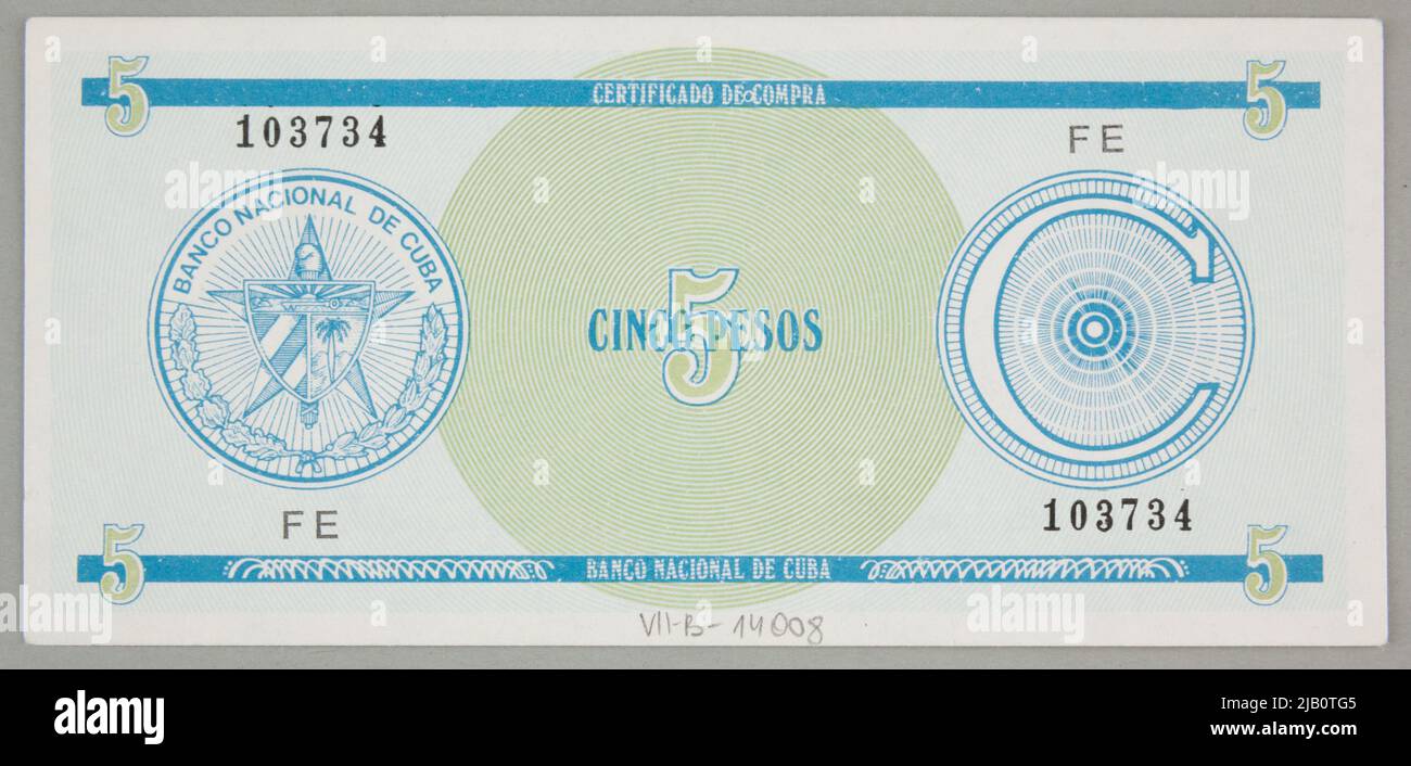 Banknote currency certificate for 5 pesos; Kuba, B.R. (1986 Stock Photo ...