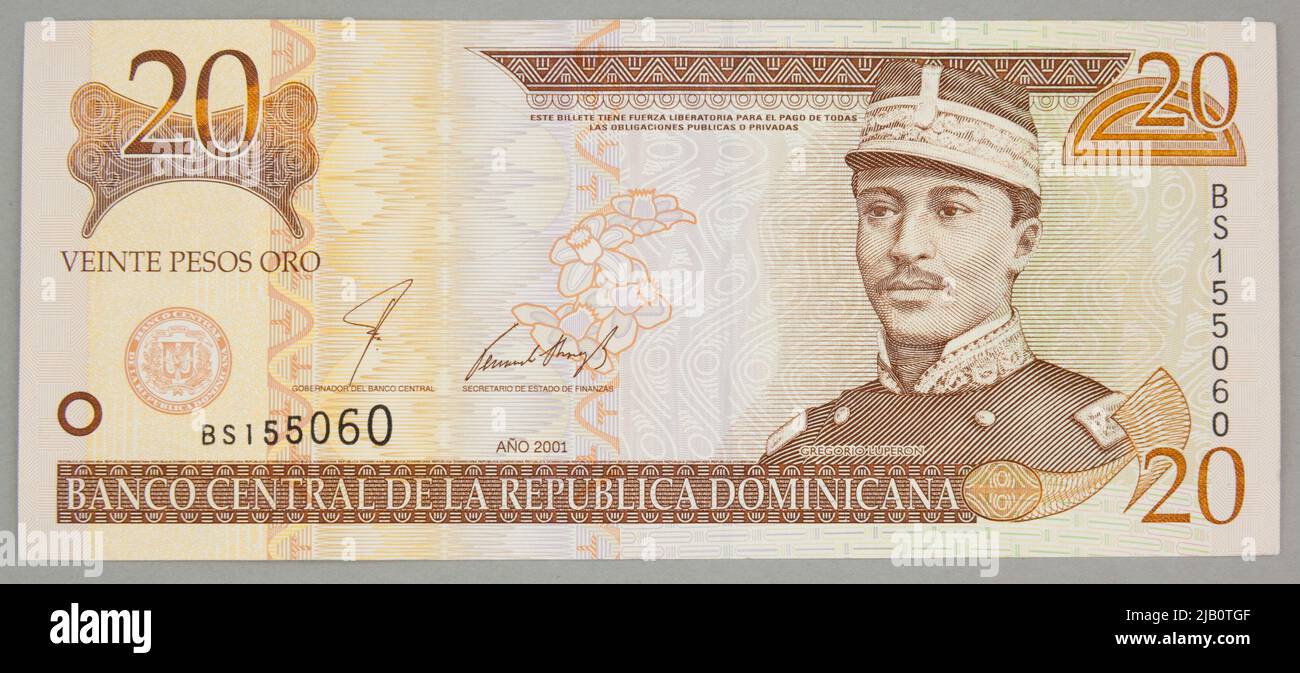 Banknot Na 20 pesos gold; Central Bank of the Dominican Republic ...