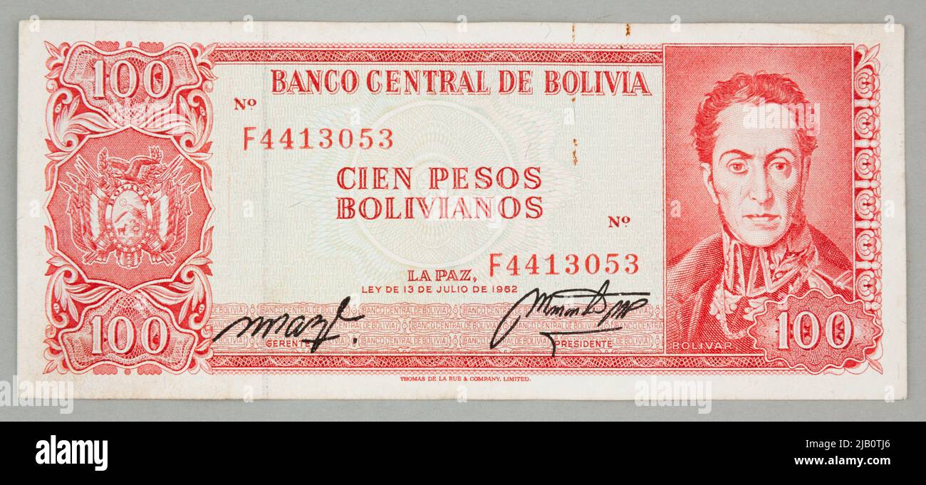 100 Bolivian pesos Banknote; Bolivia, February 13, 1962 Thomas de la ...