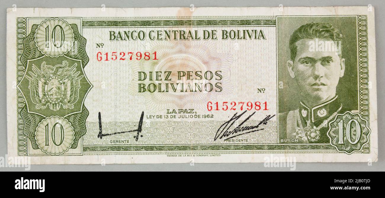 Banknote for 10 Bolivian pesos; Bolivia, February 13, 1962 Thomas de la ...