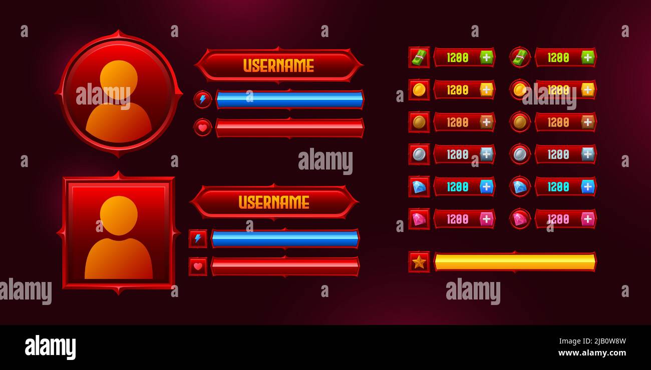 Game user profile elements with avatar, progress bars and icons in ...