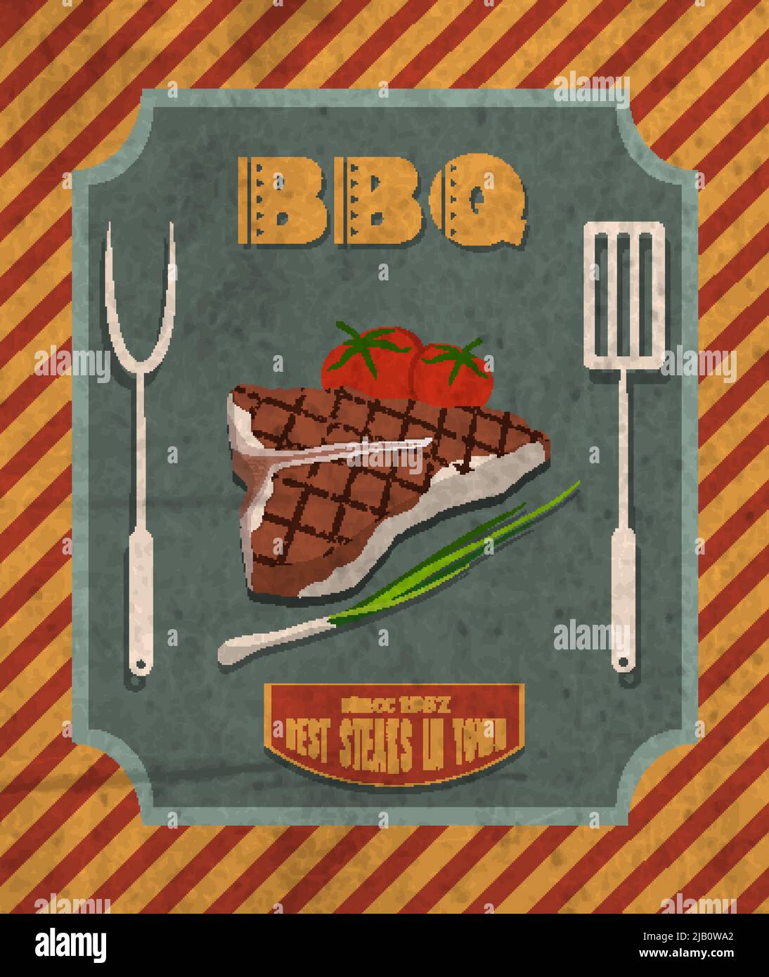 Barbecue retro vintage grill restaurant poster with meat steak tomato ...