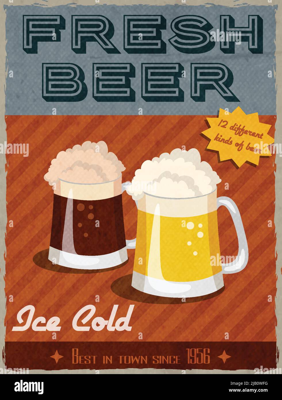 Fresh ice cold beer pub bar restaurant retro poster with mug of lager ...
