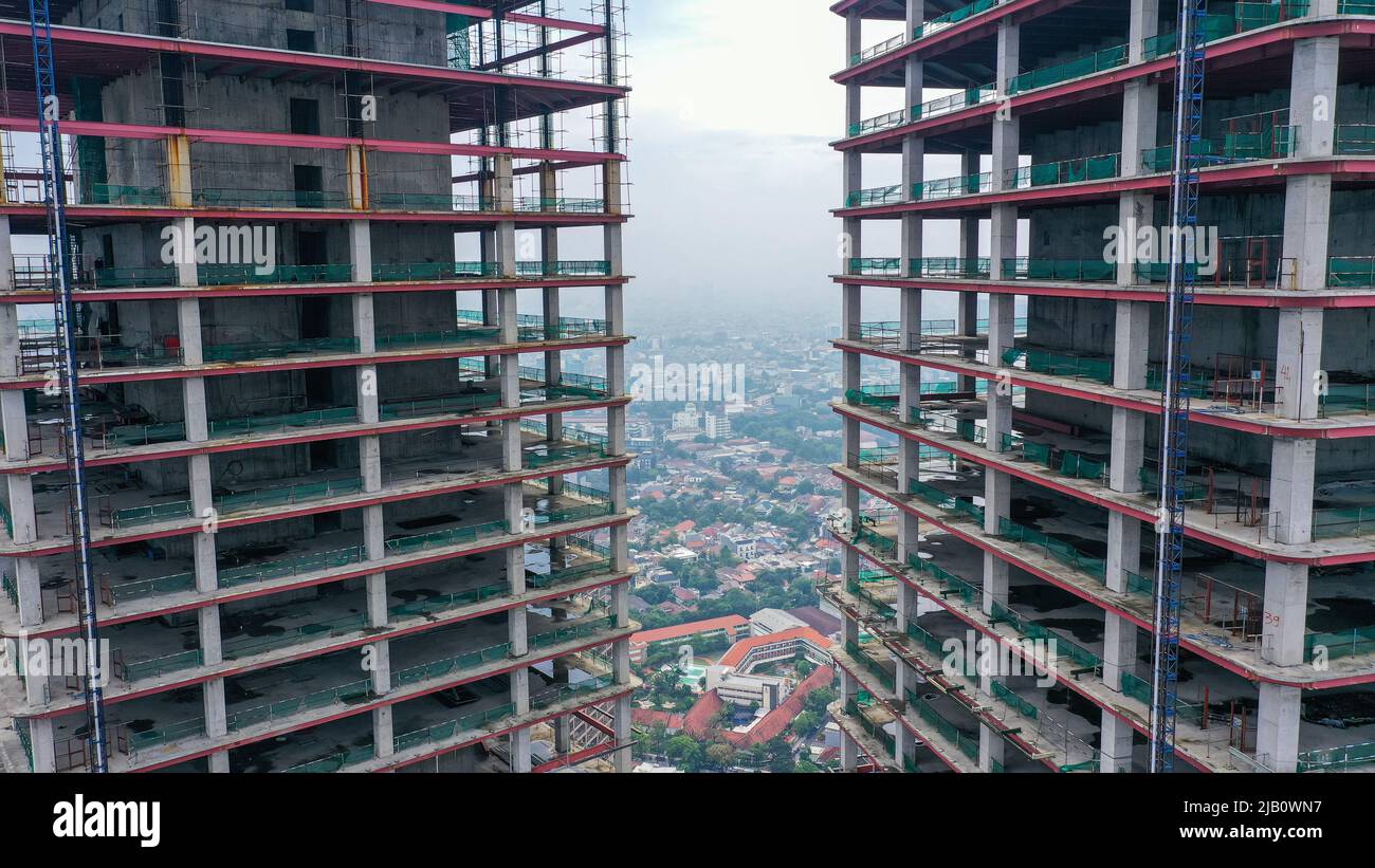 New high-rise apartment buildings under construction. Aerial photo at ...