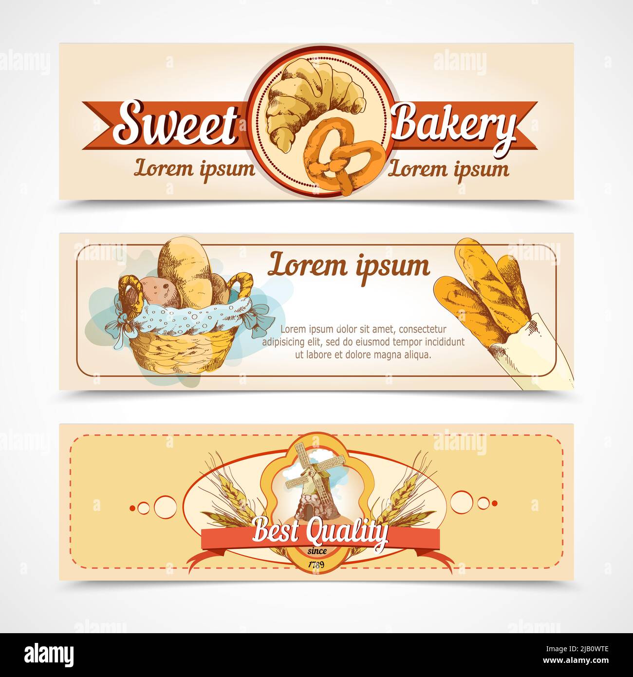Sweet bakery best quality bread and pastry food hand drawn banners ...